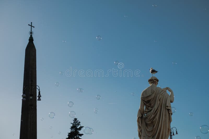 Rome,obelisk,statue with Bird,bubbles on Sky and Plane Trail ...