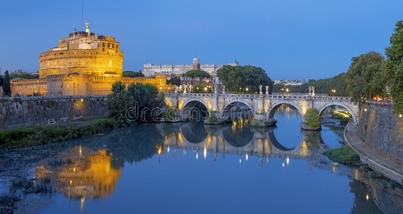 Rome - Ponte Sant Angelo - Angels Bridge at Dusk Stock Photo - Image of ...