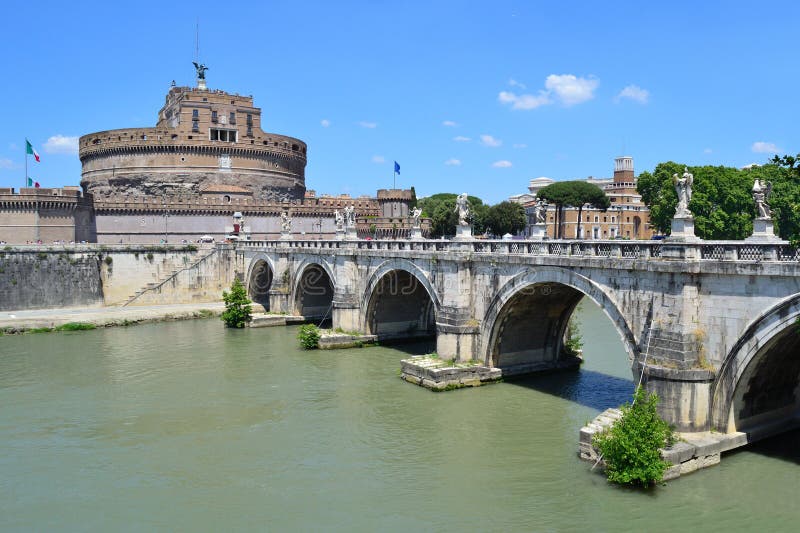 SantAngelo Bridge and Castel in Rome Stock Image - Image of reflection ...