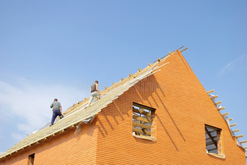 Roofing Work with Metal Tile Stock Photo - Image of brick, journeyman ...