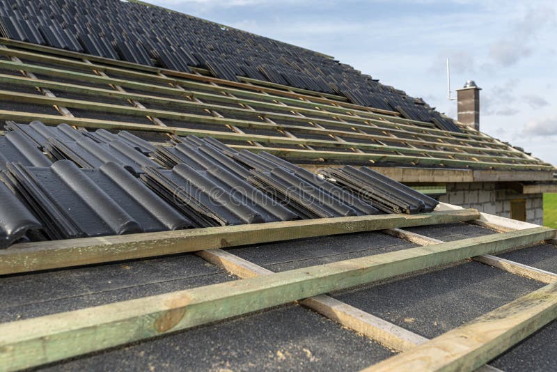 Roof Ceramic Tile Arranged In Packets On The Roof On Roof Battens