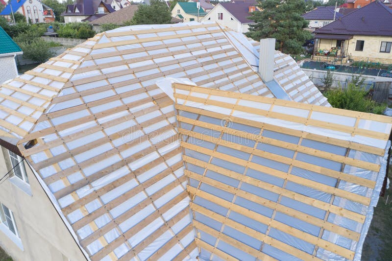 Roof Construction with Beams and Waterproofing Stock Image - Image of ...
