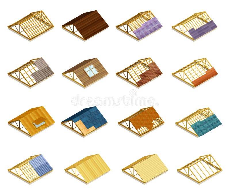 Roof Construction and Insulation Work Isometric Vector Set Stock ...