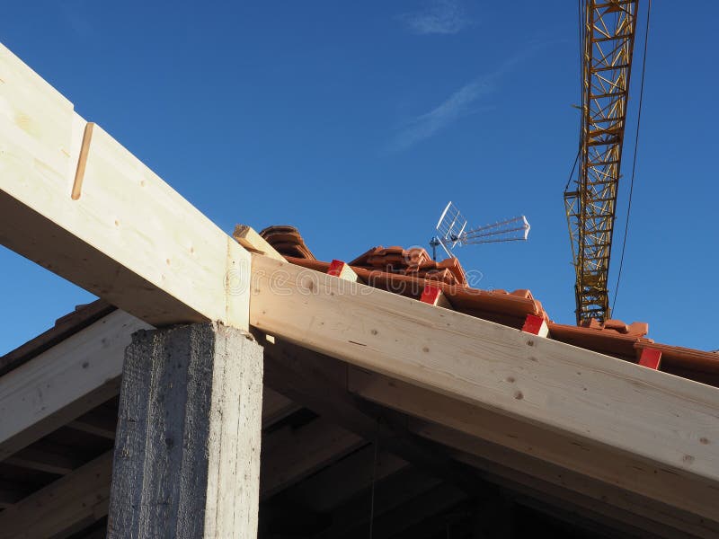 Roof construction works stock photo. Image of pillar - 269940954
