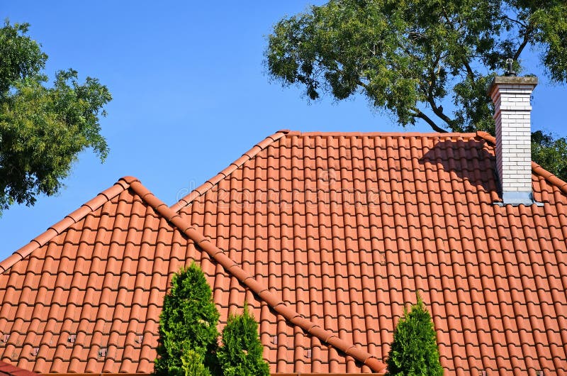 Roof of a house and trees stock image. Image of brick - 197222603