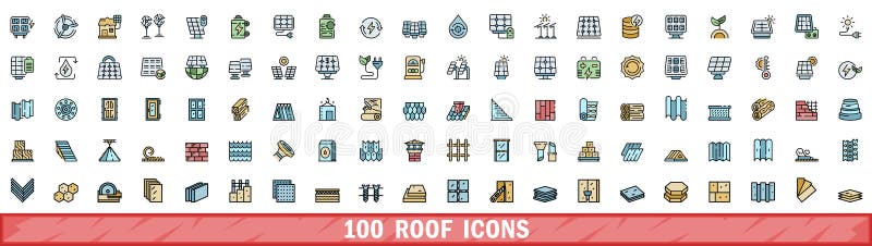 100 Roof Icons Set, Color Line Style Stock Vector - Illustration of ...