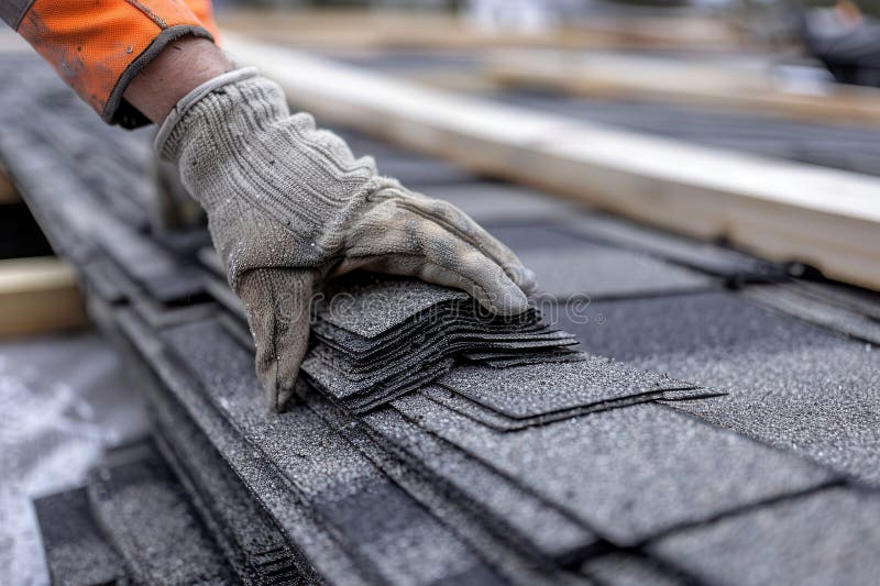 Roof Installation Process: Gloved Hand Arranging Shingles on a ...