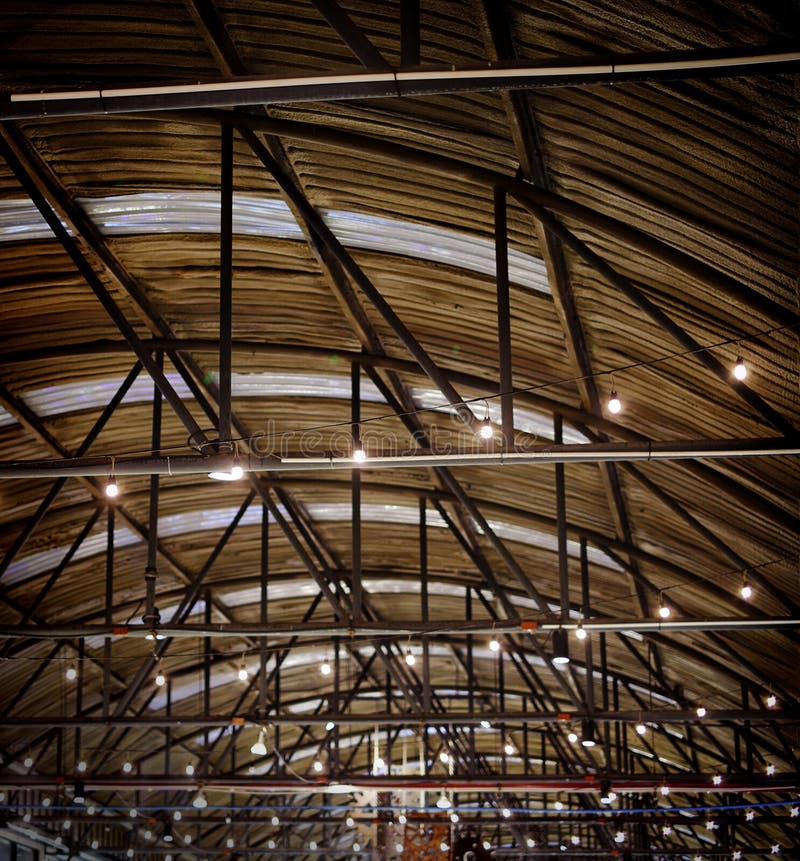 Modern Metal Roof Inside Storehouse Stock Image - Image of lighting ...