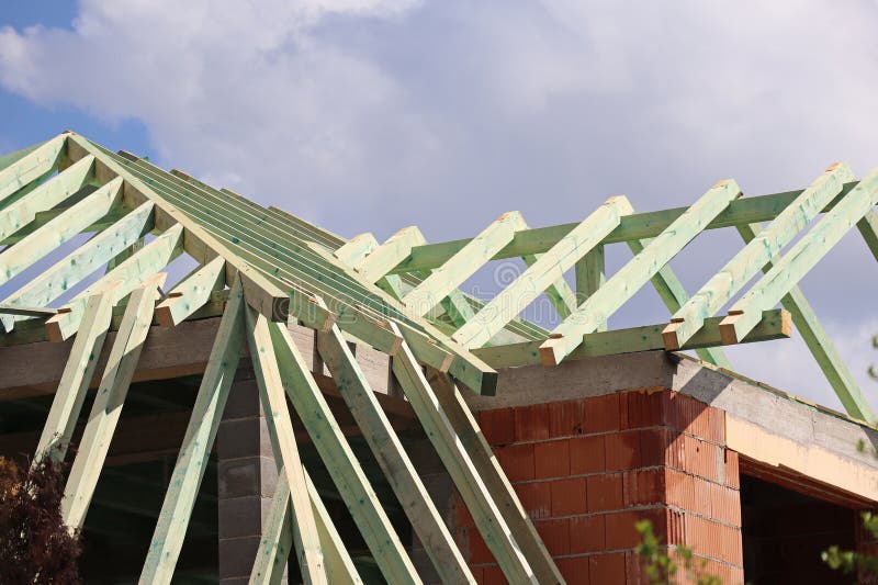Roof of a New House Under Construction Stock Image - Image of green ...