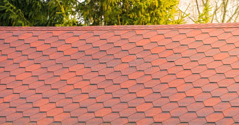 Roof with Red Bitumen Shingles. Modern Types of Roofing Materials Stock ...