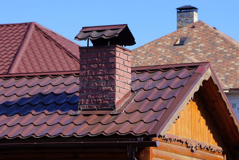 Roof with Red Tiles and Brick Chimney Stock Image - Image of home ...