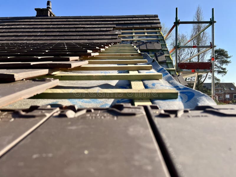 Roof Repair Installation of Tiles Construction Work Stock Image - Image ...