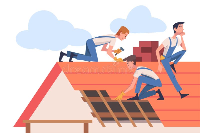 Roof Repair with People Construction Workers Characters Working Vector ...