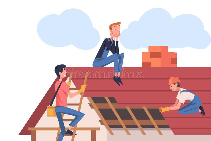Roof Repair with People Construction Workers Characters Working Vector ...