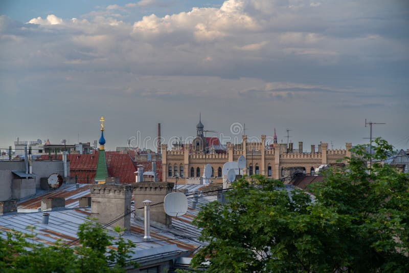 A Scenic View of Riga S Historic Rooftops, Featuring a Prominent Neo ...