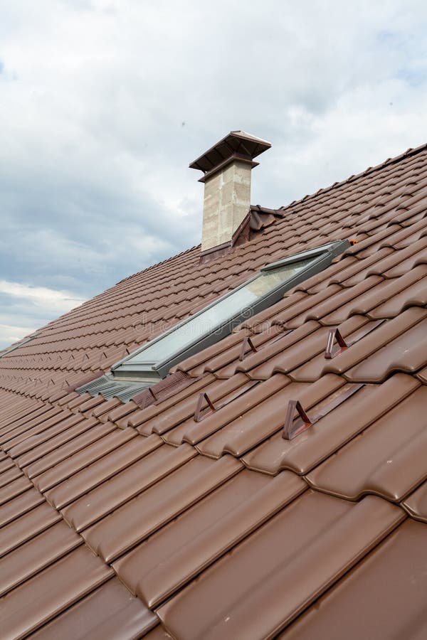 Roof with Skylight, Natural Red Tile and Chimney Stock Image - Image of ...
