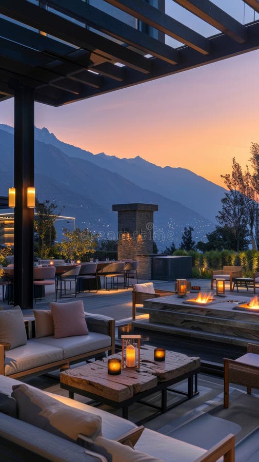 Roofed Patio with a Sky View at Sunset, Overlooking Mountain Landscape ...