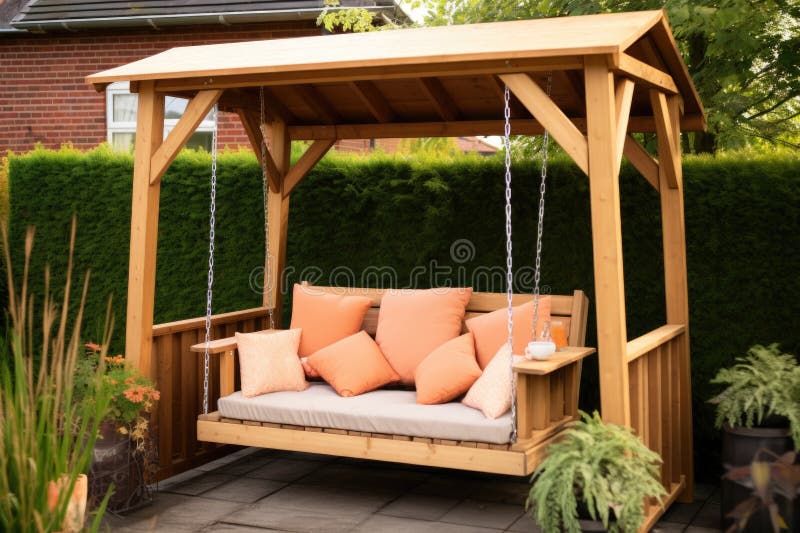 Roofed Wooden Swing with a Storage Box Beneath the Seat Stock Photo ...