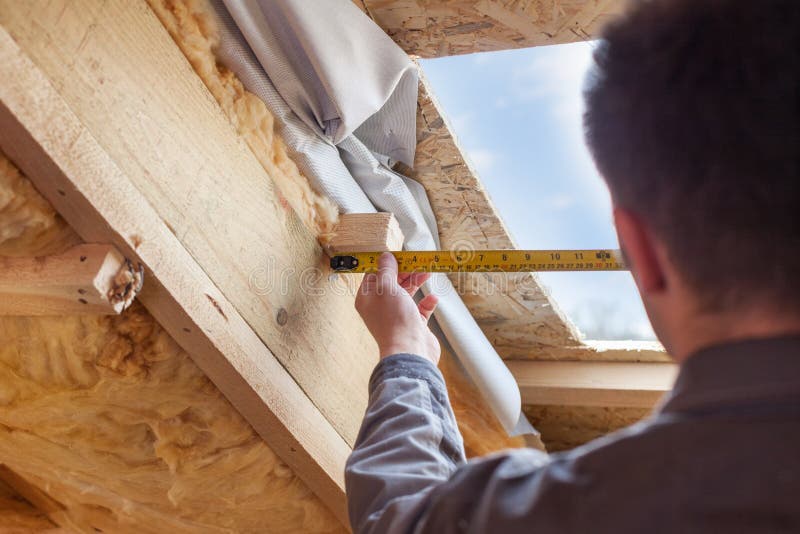 Roofer Builder Worker with Ruler Install Plastic Mansard or Sk Stock ...