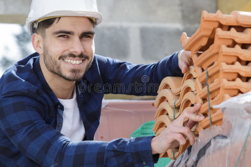 Roofer Builder Worker in between Tiles Stock Image - Image of ...