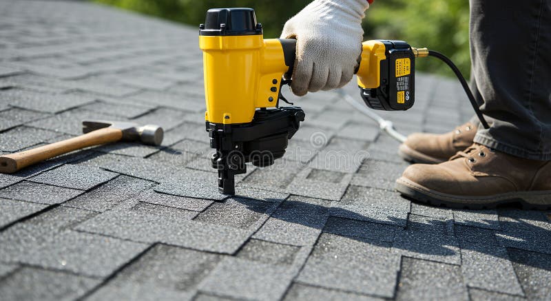 Roofer at Work Applying Shingles with Nail Gun on Rooftop Stock ...