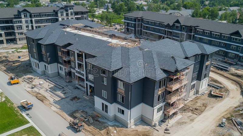 Roofers Installing Shingles on a Large Residential Building within the ...