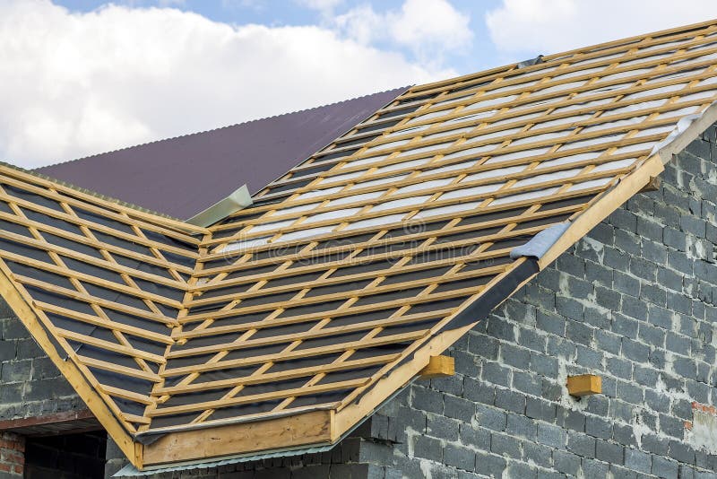 Roofing Construction. Wooden Roof Frame House Construction Stock Photo ...