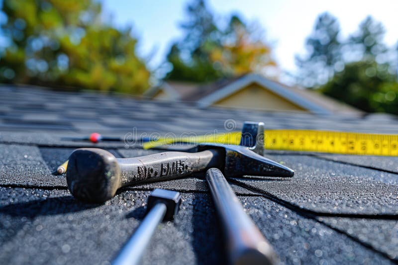 Roofing Tools on Shingles for Construction and Repair Projects Stock ...