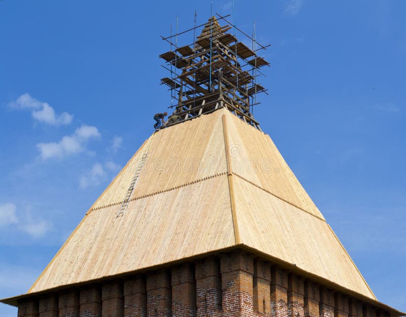 Roofing on tower s roof stock photo. Image of scaffolding - 21304920