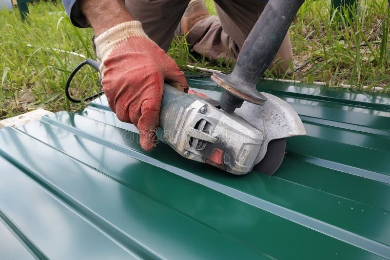 During the Roofing Work, a Construction Worker Sprays a Steel Sheet ...