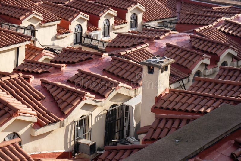 Roofs, China, Housing: Dense Red Tile Rooftops, Residential Area ...