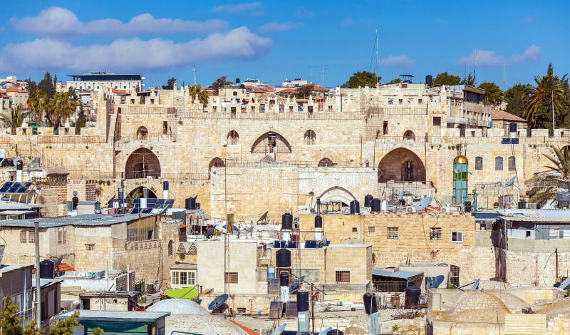 Roofs of Old City with Ancient Wall Gates, Jerusalem Stock Image ...