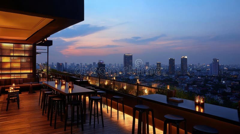 Rooftop Bar with a City Skyline at Dusk, Featuring Seating and Ambient ...