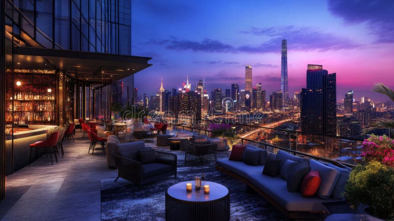 Rooftop Bar with City Skyline View at Dusk Stock Illustration ...