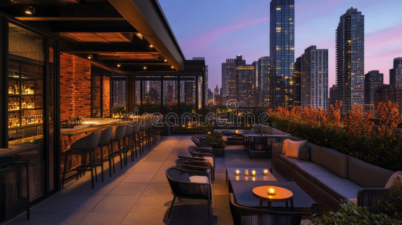 Rooftop Bar with City Skyline View at Sunset Stock Illustration ...