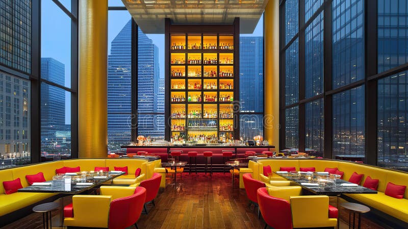 Rooftop Bar City View Evening Dining Yellow Seating Stock Illustration ...