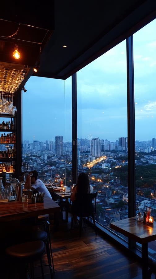 Rooftop Bar with City Views Stock Illustration - Illustration of decor ...