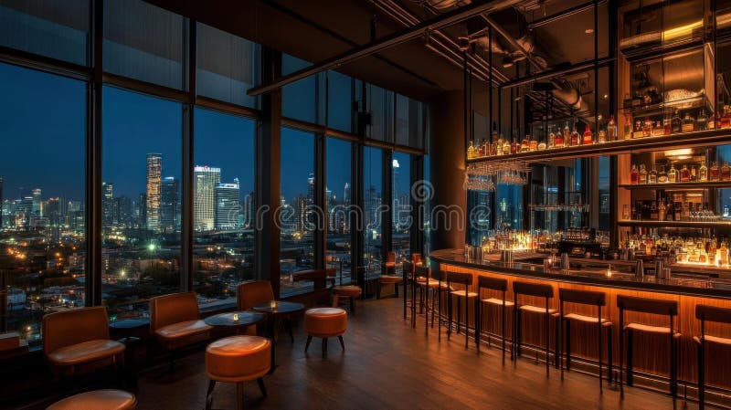 Rooftop Bar, Cityscape Views, Craft Cocktails Stock Illustration ...