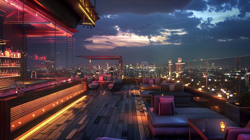 Rooftop Bar Featuring Lounge Seating with Cityscape Views at Night ...