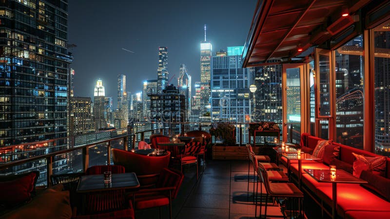 Rooftop Bar Featuring Lounge Seating with Panoramic City Views at Night ...