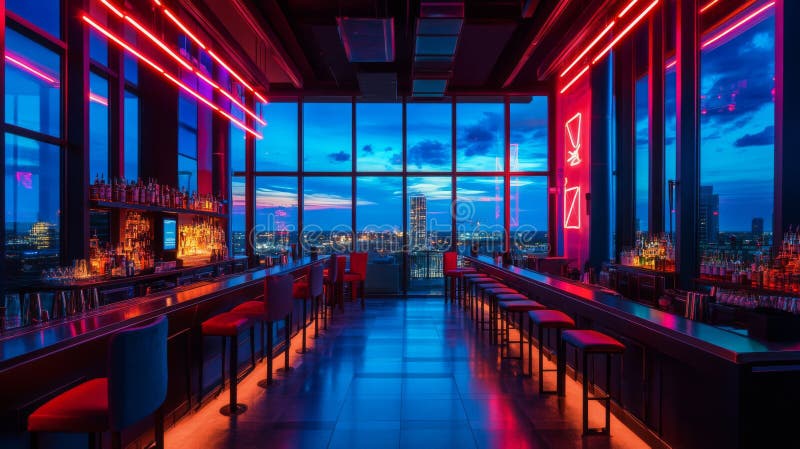 Rooftop Bar with Neon Lights and City View Stock Illustration ...