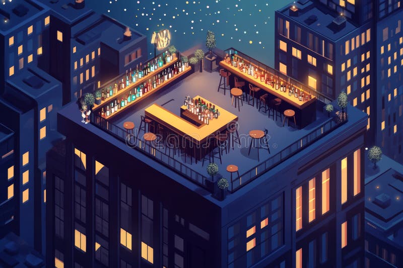Rooftop Bar at Night Overlooking City Skyline with Starry Sky Stock ...