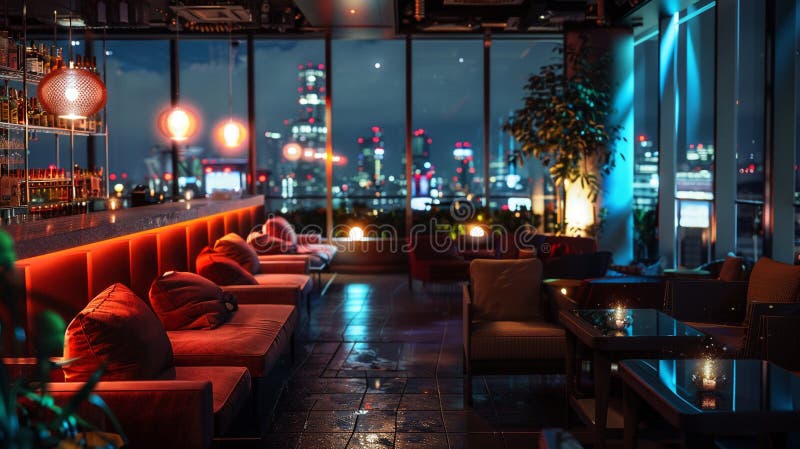 Rooftop Bar Offering Panoramic Views at Night Stock Illustration ...