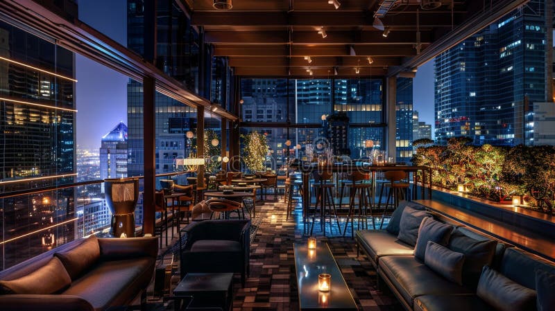 Rooftop Bar Offers Panoramic Views of the City Lights Stock ...