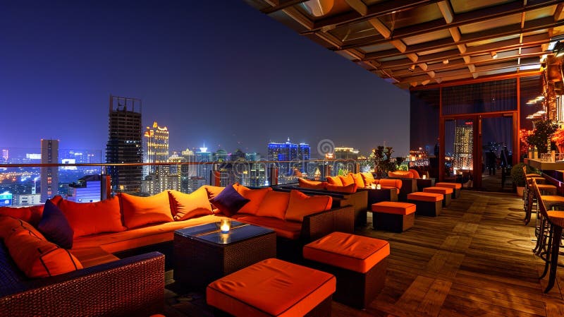 Rooftop Bar Offers Panoramic Views of City Lights Stock Illustration ...