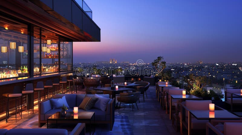 Rooftop Bar Overlooking City Skyline at Night Stock Illustration ...