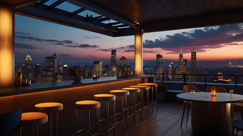 A Rooftop Bar with a Scenic Sunset View of a Glowing City Skyline Stock ...