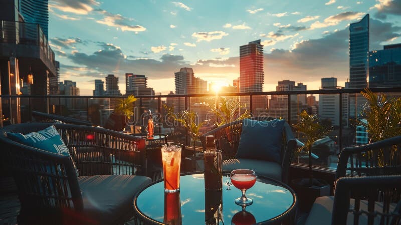 Rooftop Bar Serving Cocktails with City Views Stock Illustration ...