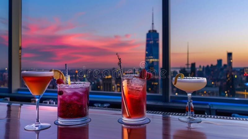 Rooftop Bar Serving Cocktails with City Views Stock Illustration ...