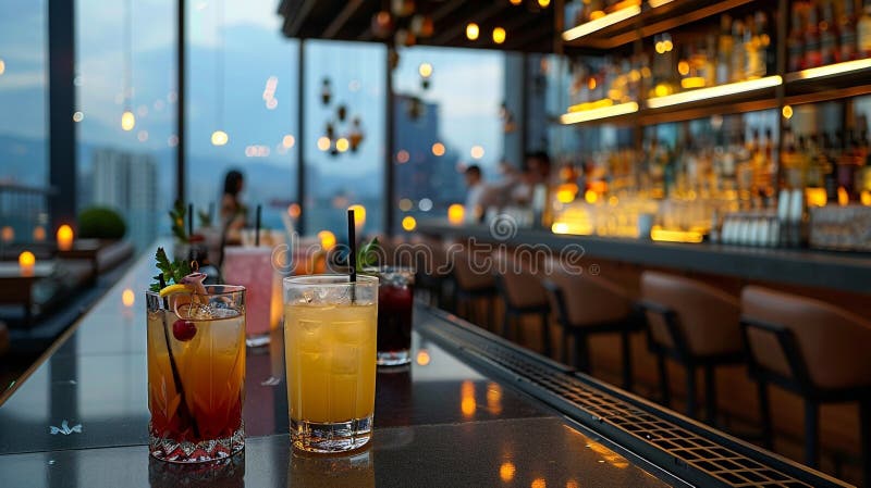 Rooftop Bar Serving Cocktails with City Views Stock Illustration ...
